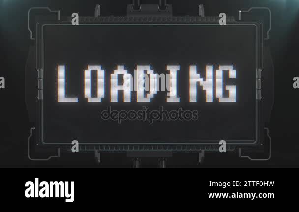 retro videogame loading text on futuristic tv glitch interference screen animation seamless loop ...