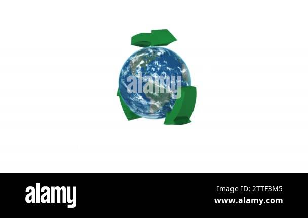 Earth recycling on white background with green arrows spinning around ...