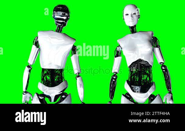 Futuristic humanoid female robot is idle . Realistic motion and ...