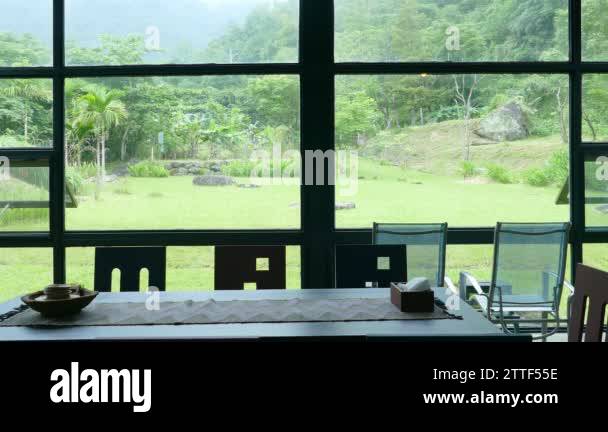 Cozy living room or restaurant interior design with nature scenic ...