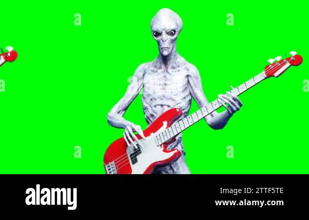 Funny alien plays on bass guitar. Realistic motion and skin shaders. 4K ...