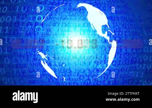 Rotating planet earth and world map global business background, blue digital binary data Stock ...