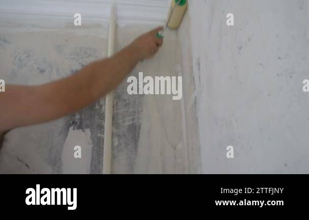 applying Wallpaper paste to the wall with a roller,preparation for ...