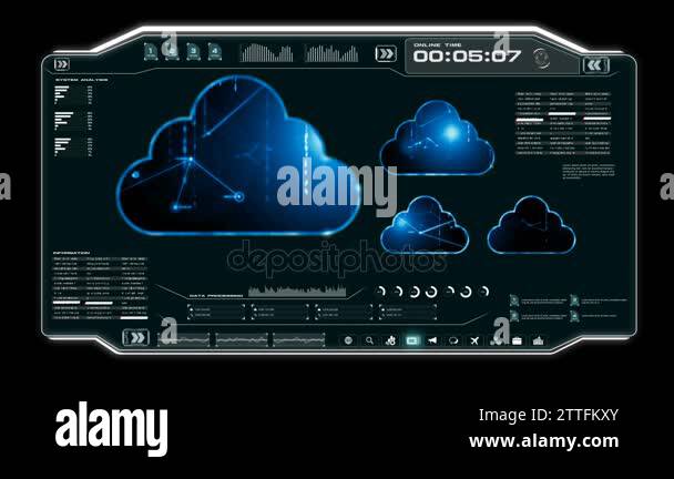 4K Animation UI User Interface with cloud computer data HUD pi bar text ...