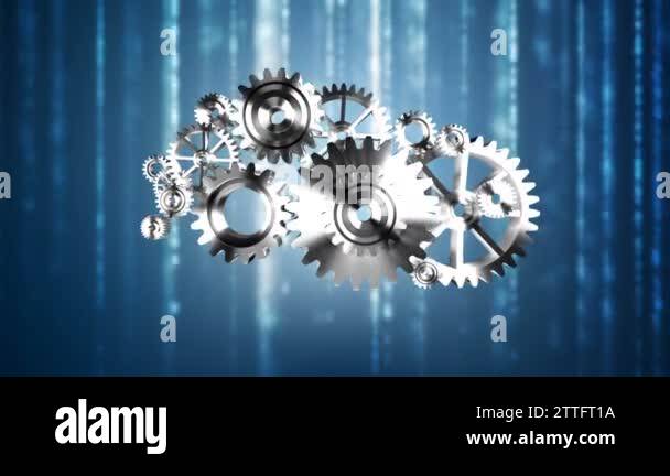4K Animation 3D silver metal rotation mechanic wheel gear on binary ...