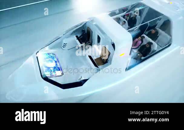 futuristic flying bus with peoples fast driving in sci fi tunnel ...