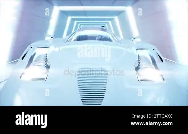 futuristic flying car with woman fast driving in sci fi tunnel, coridor ...