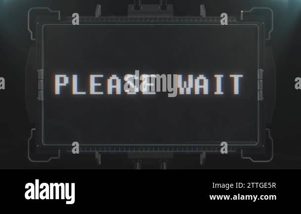retro videogame please wait text on futuristic tv glitch interference screen animation seamless ...