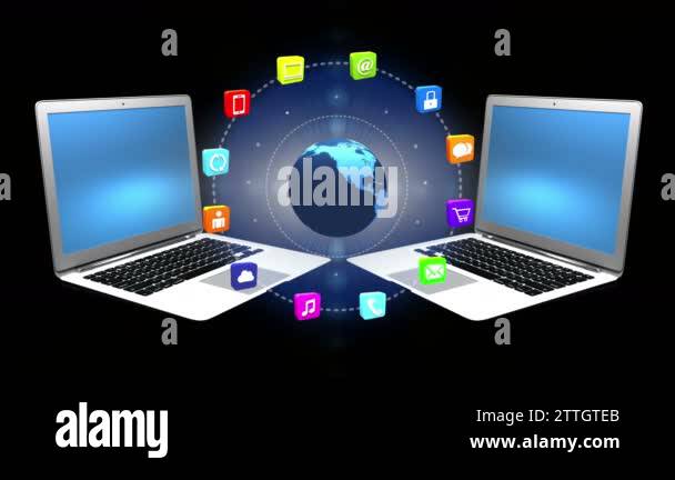 4k,internet concept,online services icons,rotating earth,laptop ...