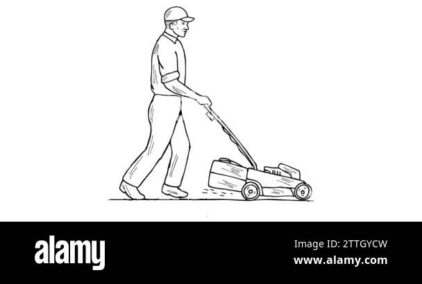 2d Animation motion graphics showing a gardener pushing a lawn mower ...