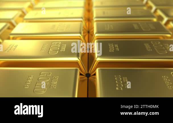 Slow flight over gold bars, seamless looping beautiful 3d animation ...
