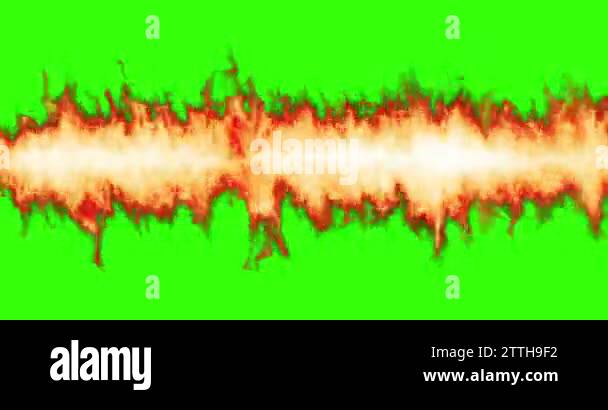 horizontal line of real flame fire with smoke in chroma key green ...
