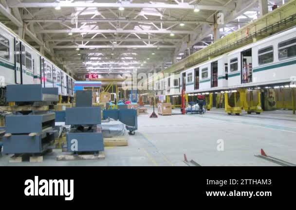 New carriages of train stand without wheels in assembly shop Stock ...