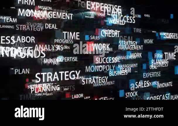 Marketing strategy animated words rotating in 3d space around digital ...