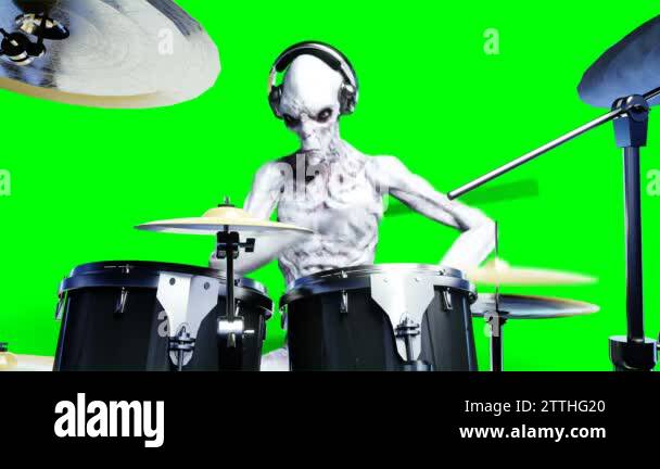 Funny alien plays on drums. Realistic motion and skin shaders. 4K green ...
