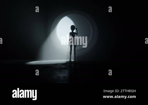 Alien in Futuristic room with round window. Volumetric light. Future ...