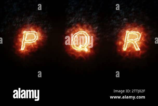 burning font p, q, r, fire word text with flame and smoke on black ...