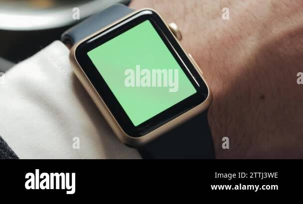 Close up of business man hands with smartwatch green screen chroma key ...