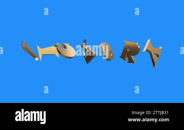 golden VICTORY word gathering from letters parts spin animation on blue ...