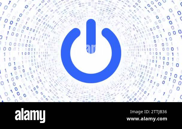 Blue on off button symbol form blue binary tunnel on white background ...
