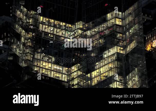 LONDON FEBRUARY 2017 - Night aerial view of offices within iconic ...