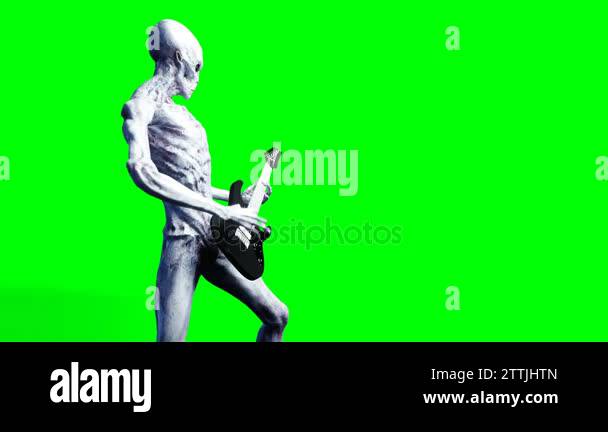 Funny alien plays on electric guitar. Realistic motion and skin shaders ...