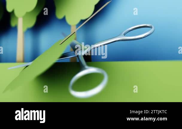 deforestation. Paper forest destruction of metal scissors. Creative ...