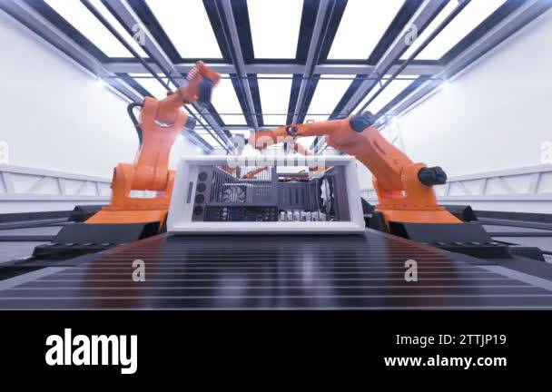 Beautiful Robotic Arms Assembling Computer Cases On Conveyor Belt ...