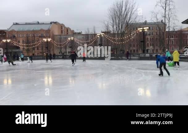 St. Petersburg, Russia - February 10, 2019: People skate on open ice ...