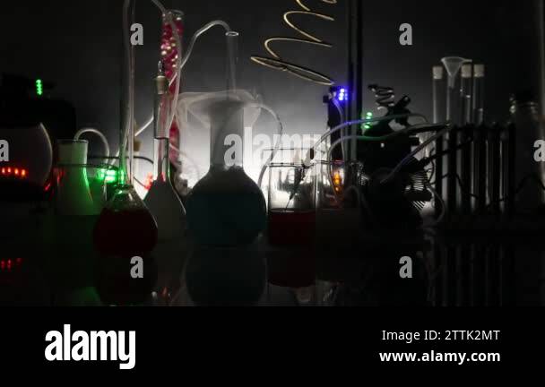 Pharmacy and chemistry theme. Test glass flask with solution in ...