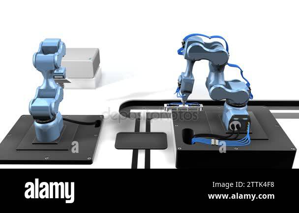 3D animation of an automated laboratory with two mechanical arms taking ...
