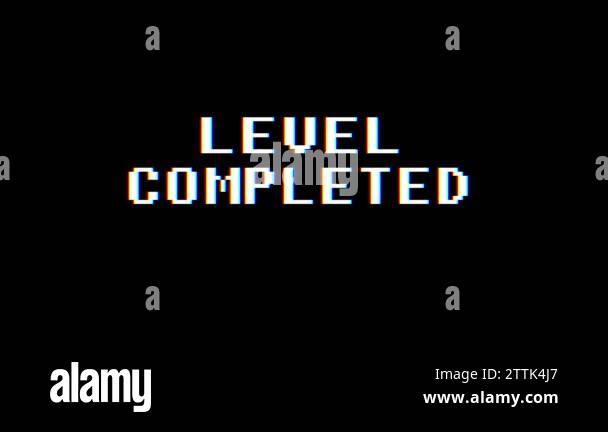 retro videogame LEVEL COMPLETED text on computer old tv glitch ...