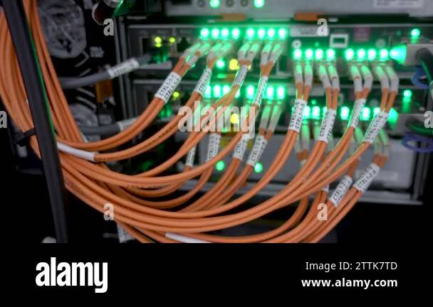 Fiber optic patch cords plugged into a network switch or router with ...