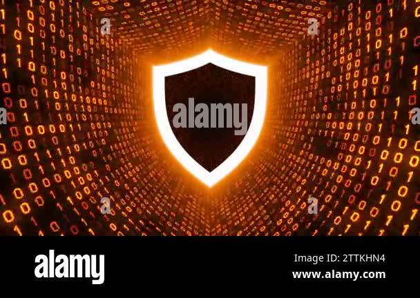 White shield icon form gold binary tunnel on black background. Computer security concept ...