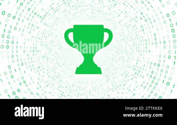 Green trophy cup icon form green binary tunnel on white background ...