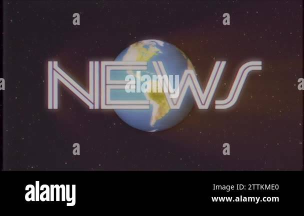shiny retro NEWS text with earth globe light rays moving on old vhs ...