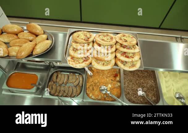 close-up, showcase of Self service restaurant with a variety of dishes ...
