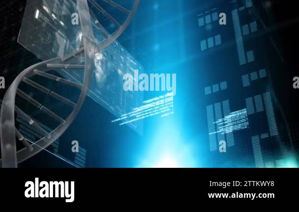 Digitally animated of spinning DNA with earth map and sound waves on ...