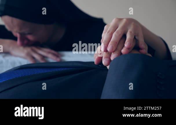 funeral, sadness and mourning concept - sad woman talking and crying ...