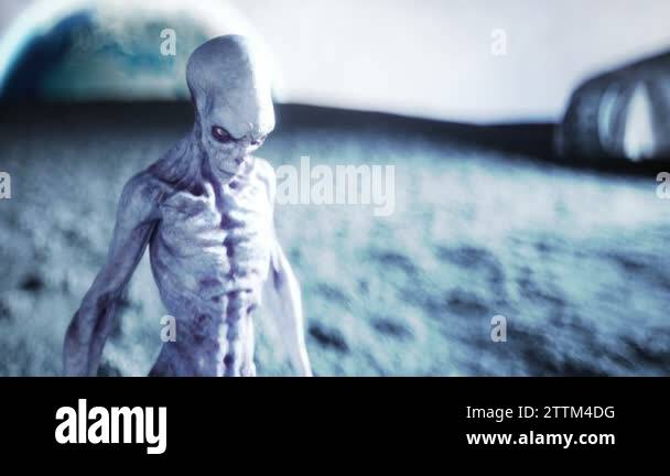 Alien on planet, moon. Earth on backgound. UFO. Realistic motion and ...