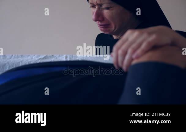 funeral, sadness and mourning concept - sad woman talking and crying ...