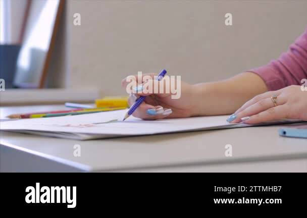 Young Hands of the Artist,Woman Artist Paints a Canvas with Graphite ...