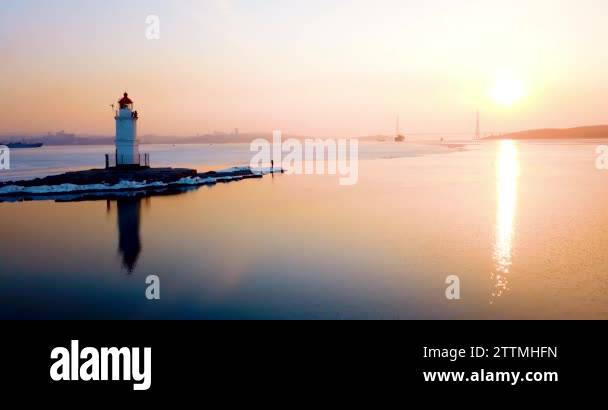 Top aerial panoramic view of Tokarev Lighthouse in Vladivostok. The ...