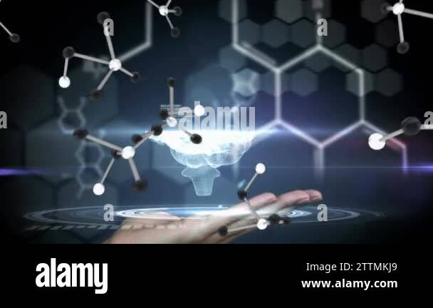 Digital composite of man holding a digital brain on his hand with lots ...