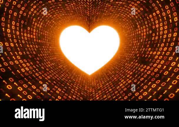 White heart icon form gold binary tunnel on black background. Seamless loop. More icons and ...