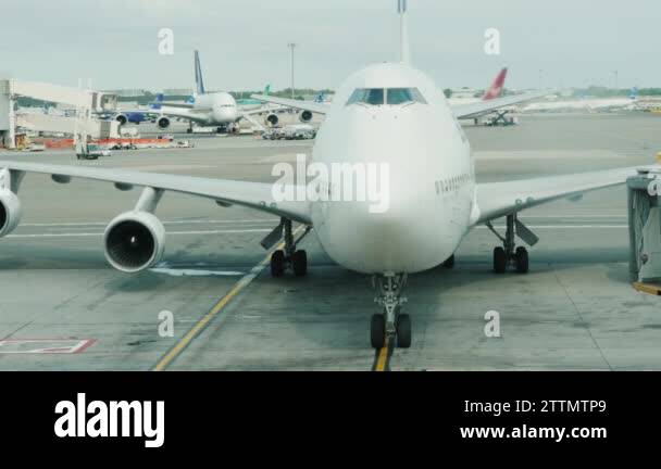 The arrival of a giant two-story airliner to the terminal. Slowly ...