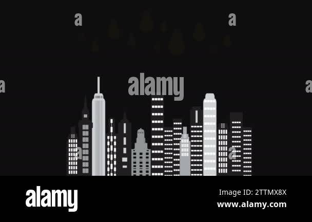 4k City time night. Animated cartoon of a city skyline.Twilight city ...