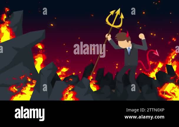 Cartoon devil flying on hell. Business character on burning wilderness ...