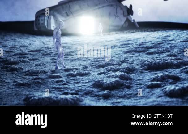 Alien on planet, moon. Earth on backgound. UFO. Realistic motion and ...