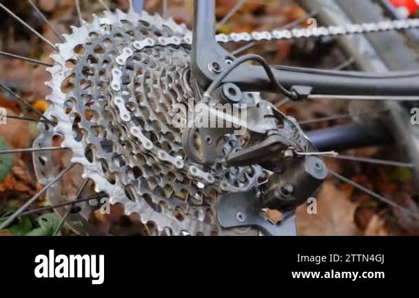 Close Up Mountain Bike Drive Train Chainring, Cogs And Wheels On The ...
